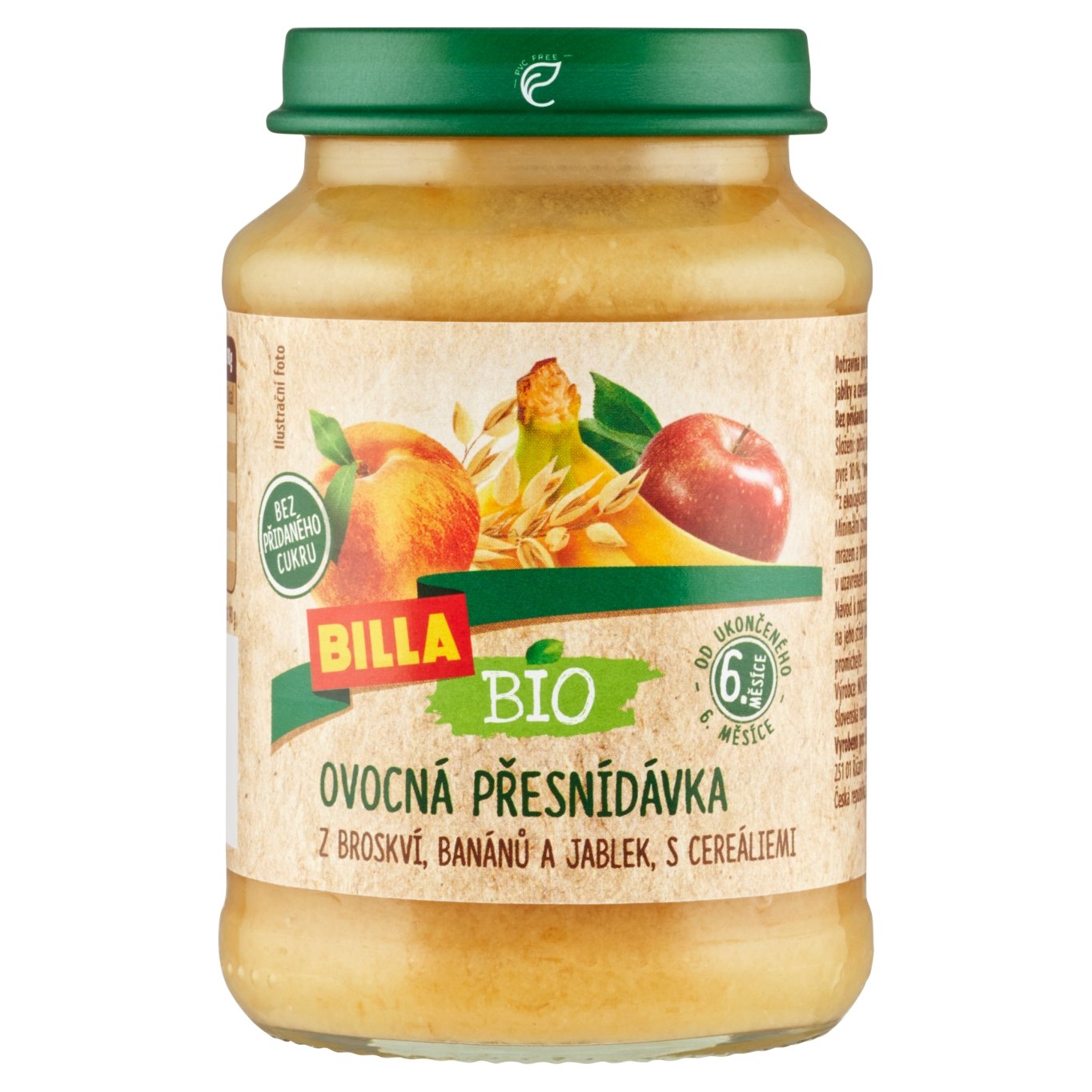 BILLA BIO Ovocná přesnídávka z broskví, banánů a jablek, s cereáliemi ...