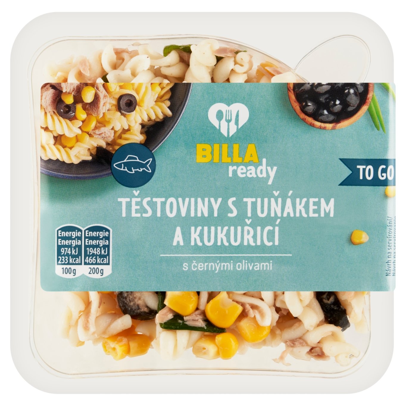 BILLA Ready Těstoviny s tuňákem a kukuřicí s černými olivami 200g ...