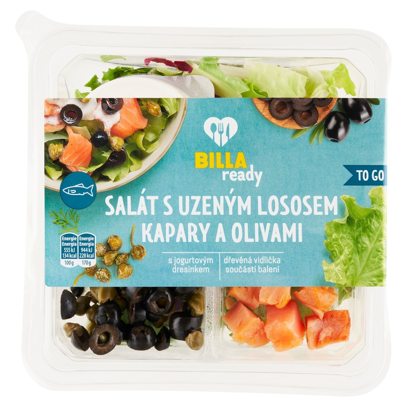 BILLA Ready Salát s uzeným lososem, kapary a olivami s jogurtovým ...