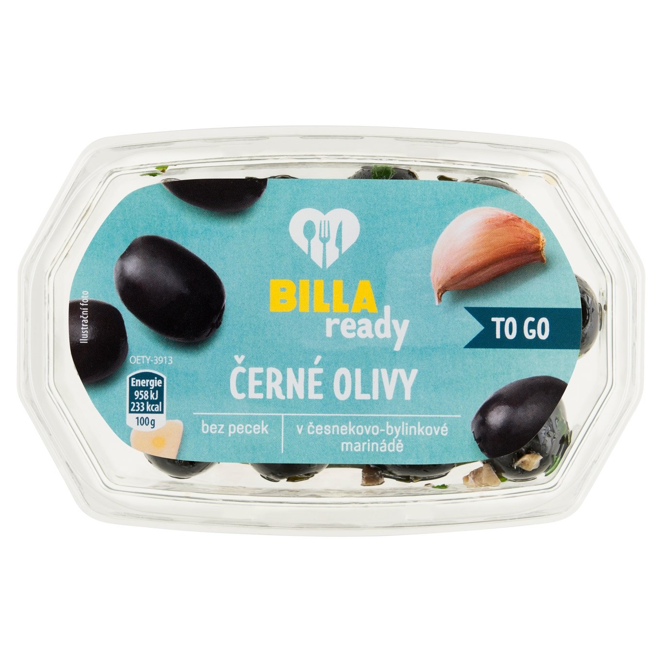 BILLA Ready Černé olivy bez pecek v česnekovo-bylinkové marinádě 150g ...