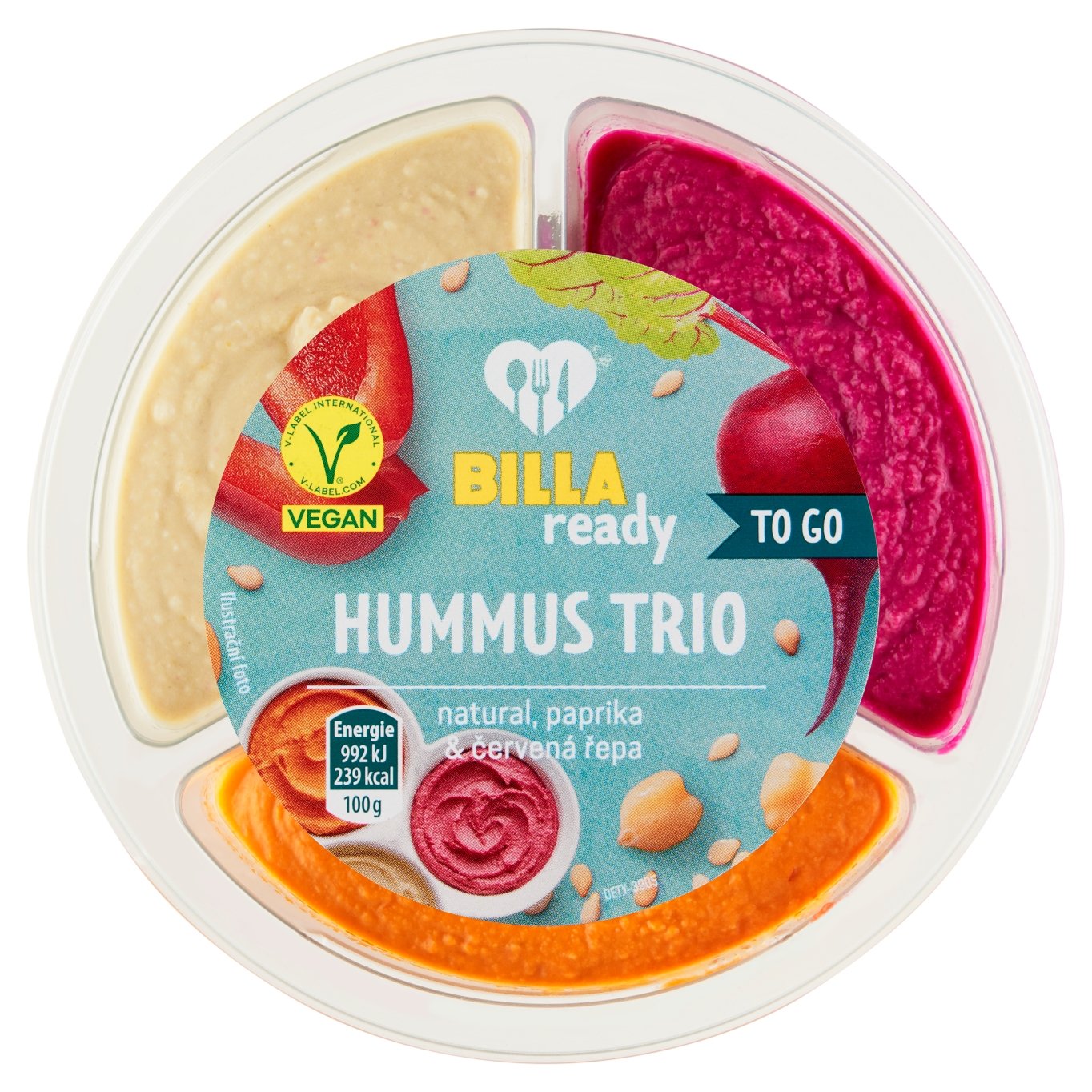 BILLA Ready Hummus trio natural, paprika & červená řepa 3 x 70g (210g) | BILLA e-shop