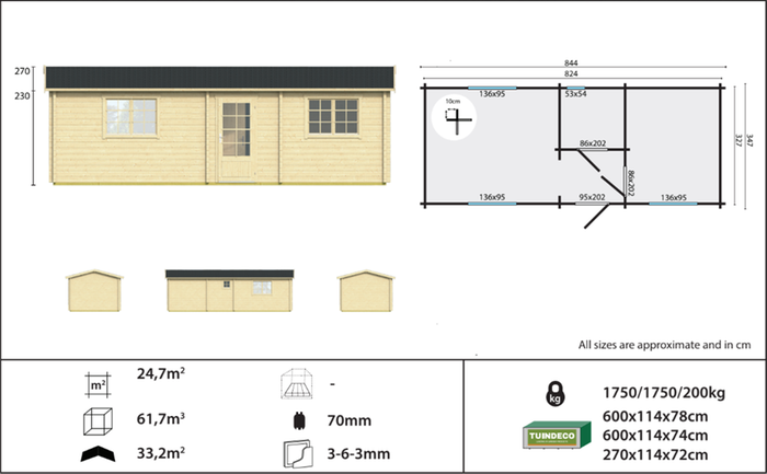 The 8.44 x 3.47m Ava log cabin made from sturdy 70mm wall logs which ...