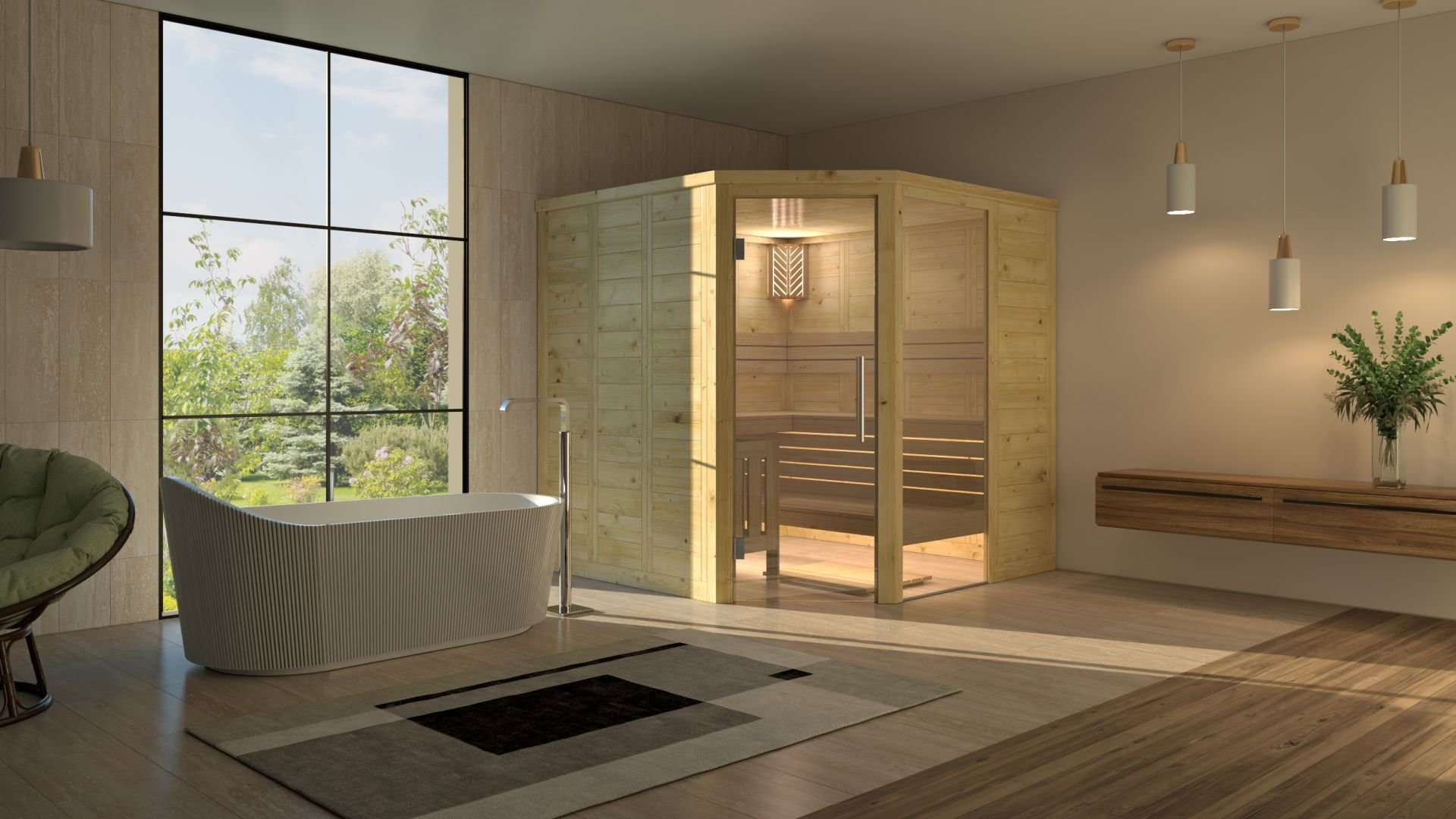 Sauna d’interieur Alaska Corner – 206 x 206 cm – Pour 5 personnes