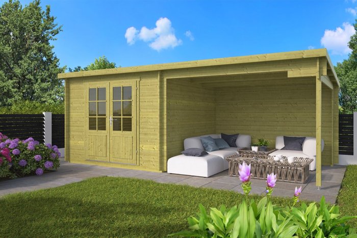 Cabane de jardin Chappo avec terrasse couverte - Imprégnée Vert - 598 x ...