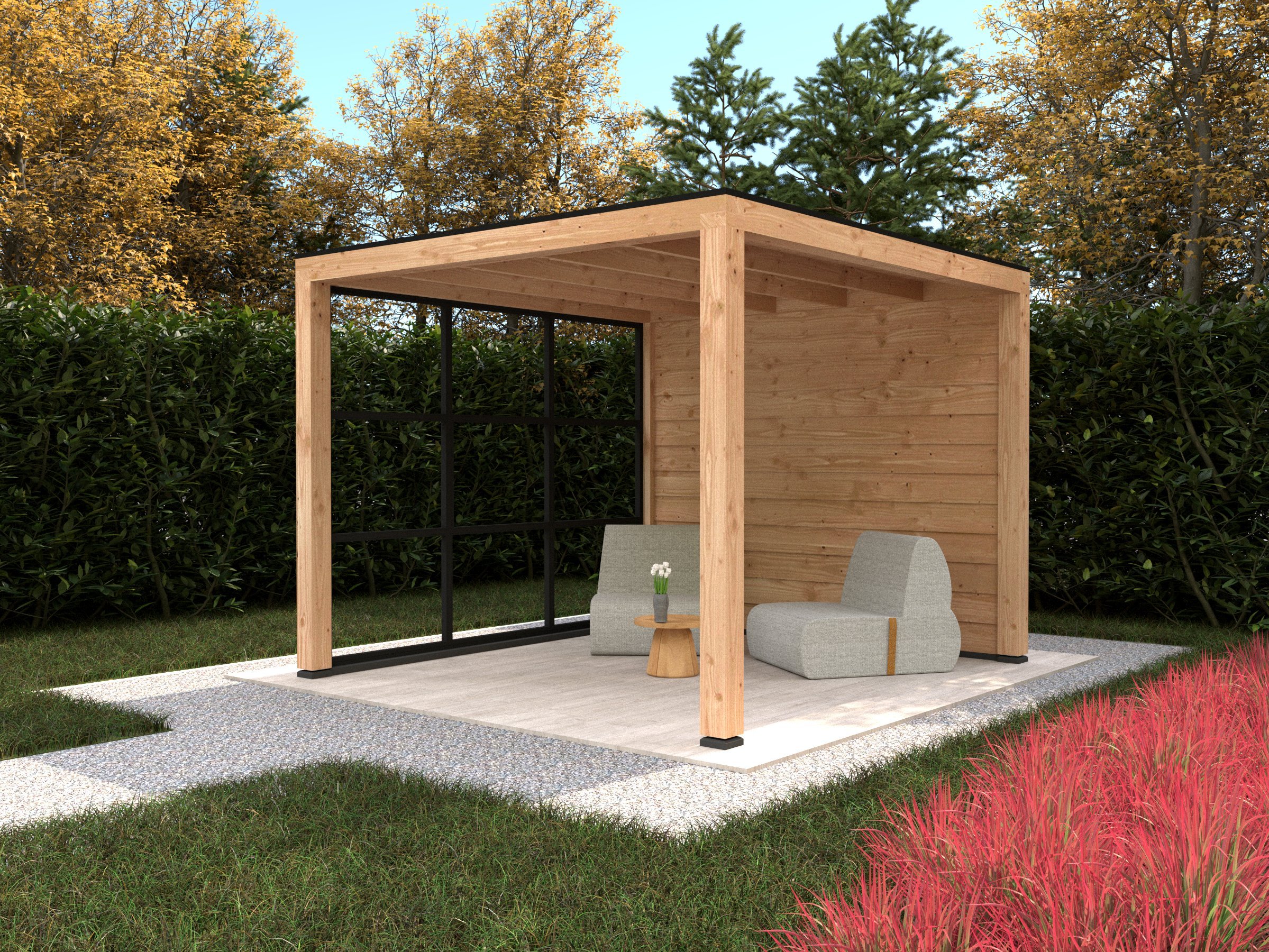 Douglas overkapping met plat dak 326x326cm Stavanger L Type 1 Onbehandeld
