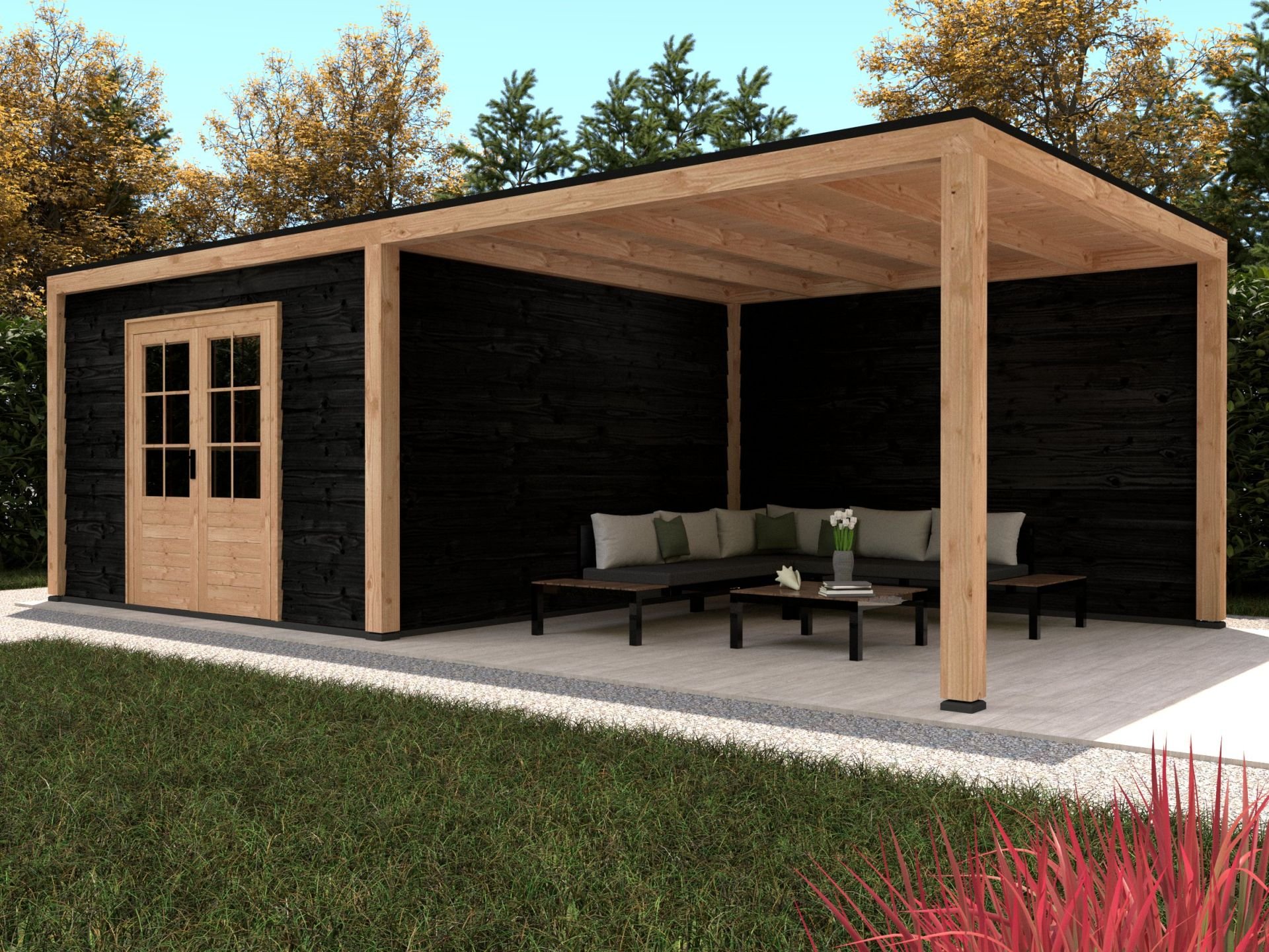 Overkapping met Plat Dak 1088x376cm Stavanger L Type 3 Onbehandeld