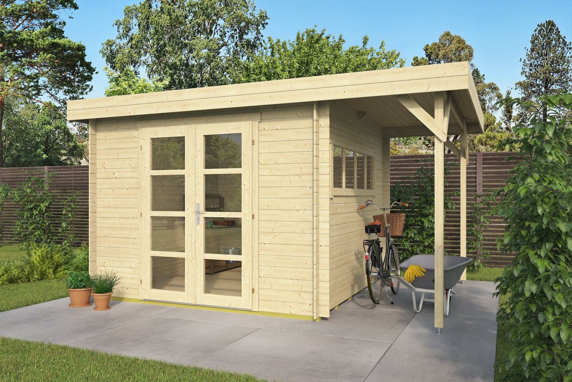 Blokhut Rotterdam 403x300 cm met plat dak en luifel | 19 mm vurenhout