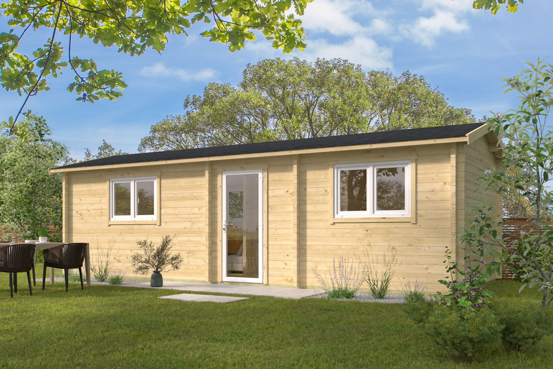 The 8.44 x 3.47m Ava log cabin made from sturdy 70mm wall logs which ...
