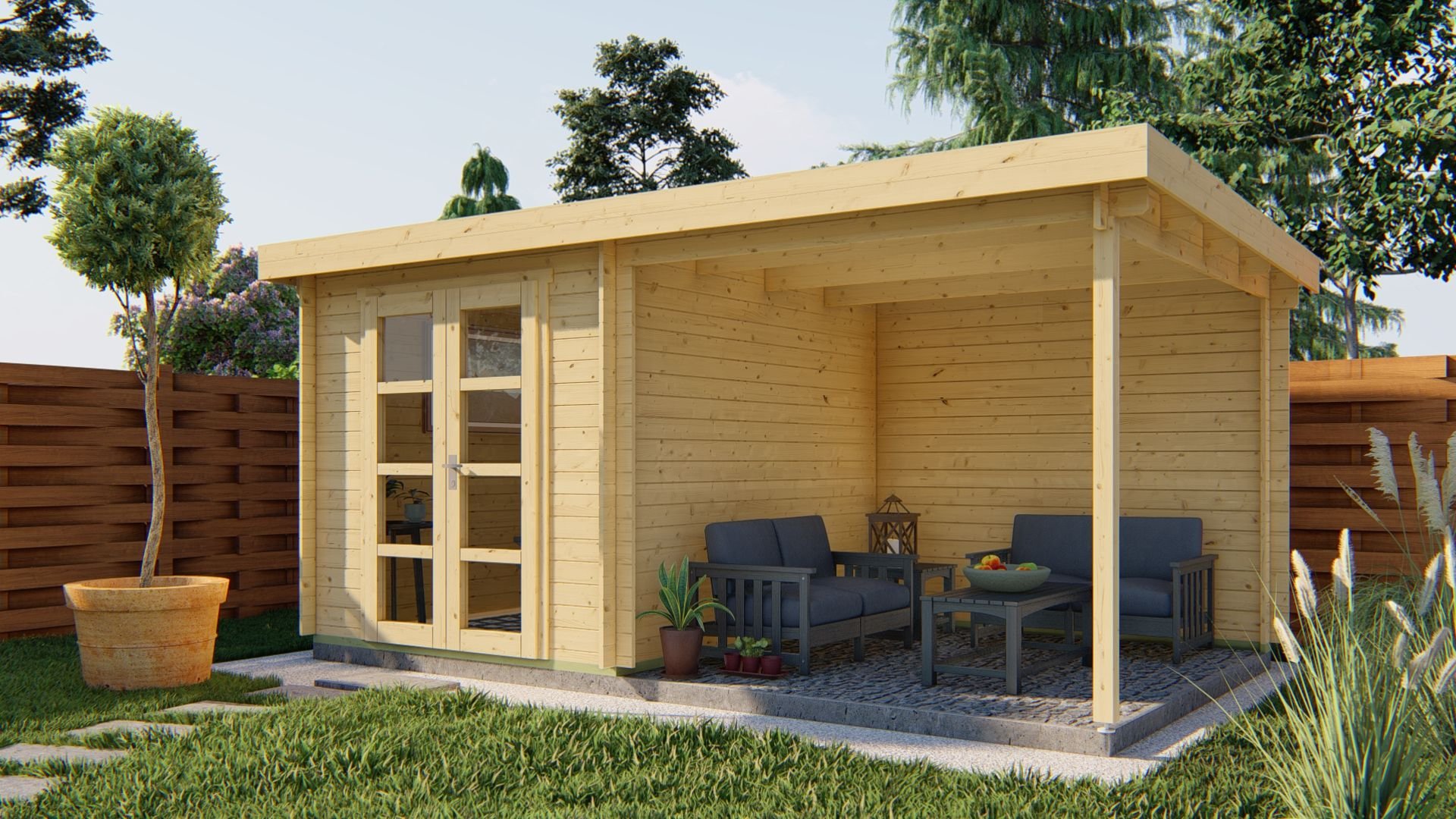 Gartenhaus Eirunn Uberdachung 498x248x225cm Wandstarke 28mm