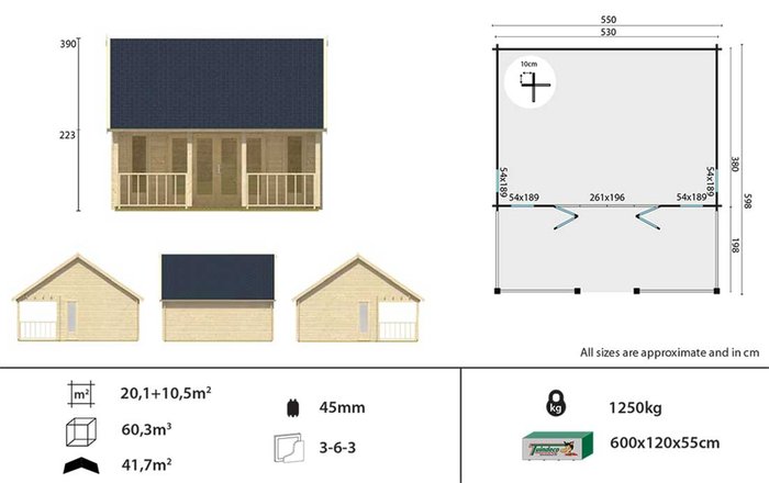 Blockhaus Olaug mit Veranda 550 x 400 + 198 cm