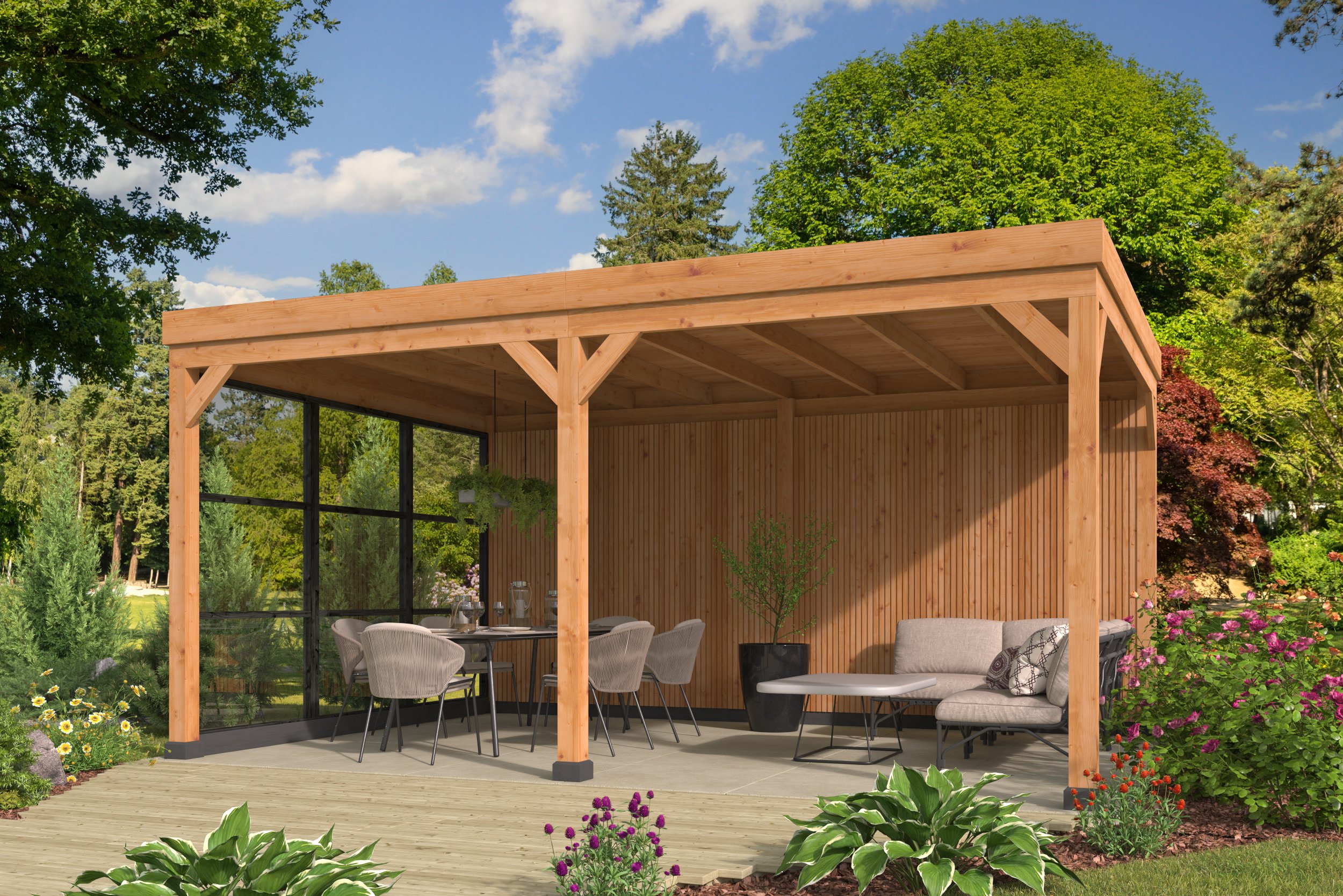 Overkapping met Plat Dak 538x378cm Kiruna Type 1 met Red Class Wood Wand