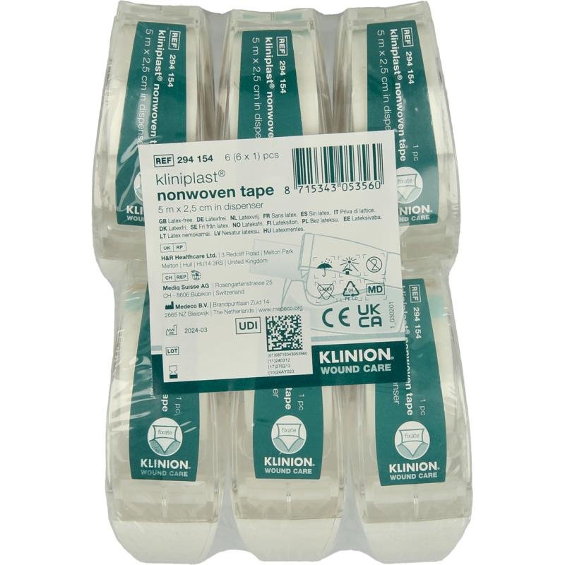 Kliniplast Hechtpleister 5m x 2.5cm non woven luxe 6st - Medicijnen.nl